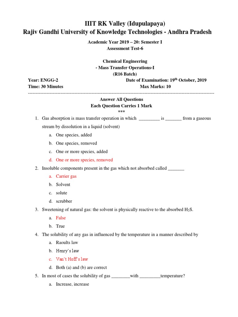 Assessment Test V Mass Transfer Operations I ChE E2S1 | PDF ...