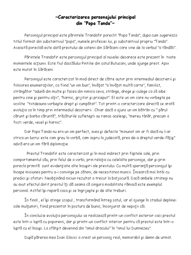 Caracterizarea Personajului Principal Popa Tanda PDF | PDF