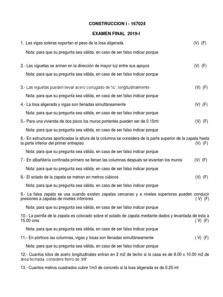 Examen Final de Construccion I 2019 I Final | PDF | Hormigón | Construyendo tecnología