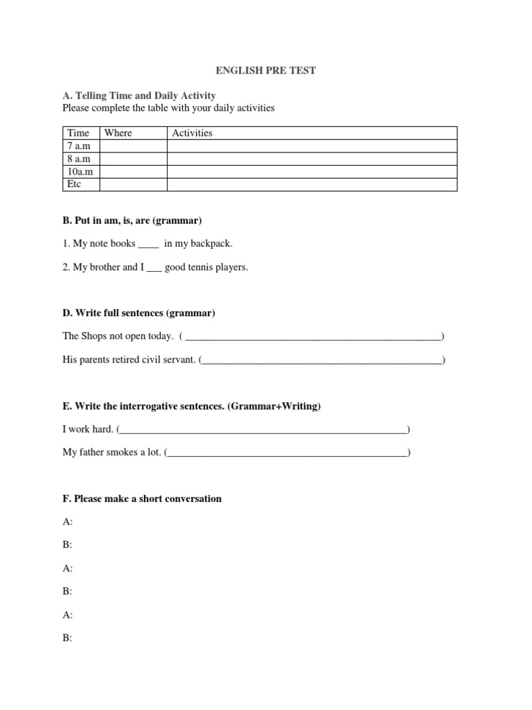 English Pre Test | PDF