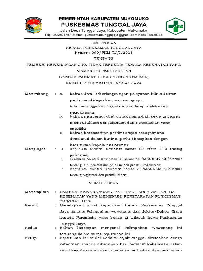 Puskesmas Tunggal Jaya: Pemerintah Kabupaten Mukomuko | PDF