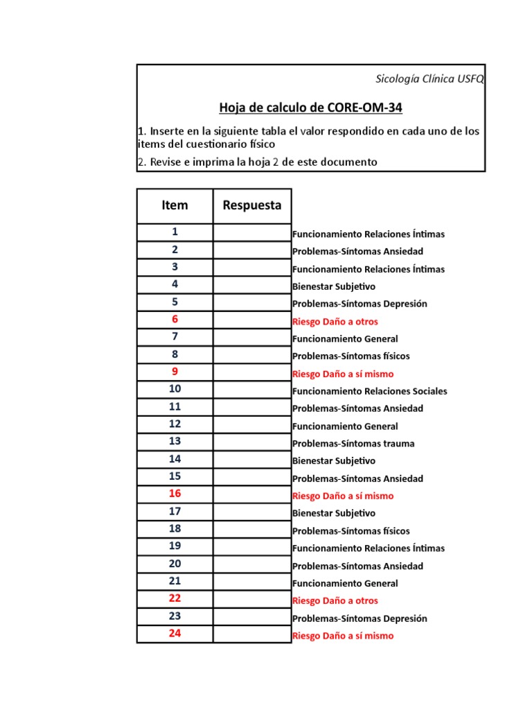 Hoja de calculo de CORE-OM-34 | Ansiedad | Depresión (estado de ánimo)