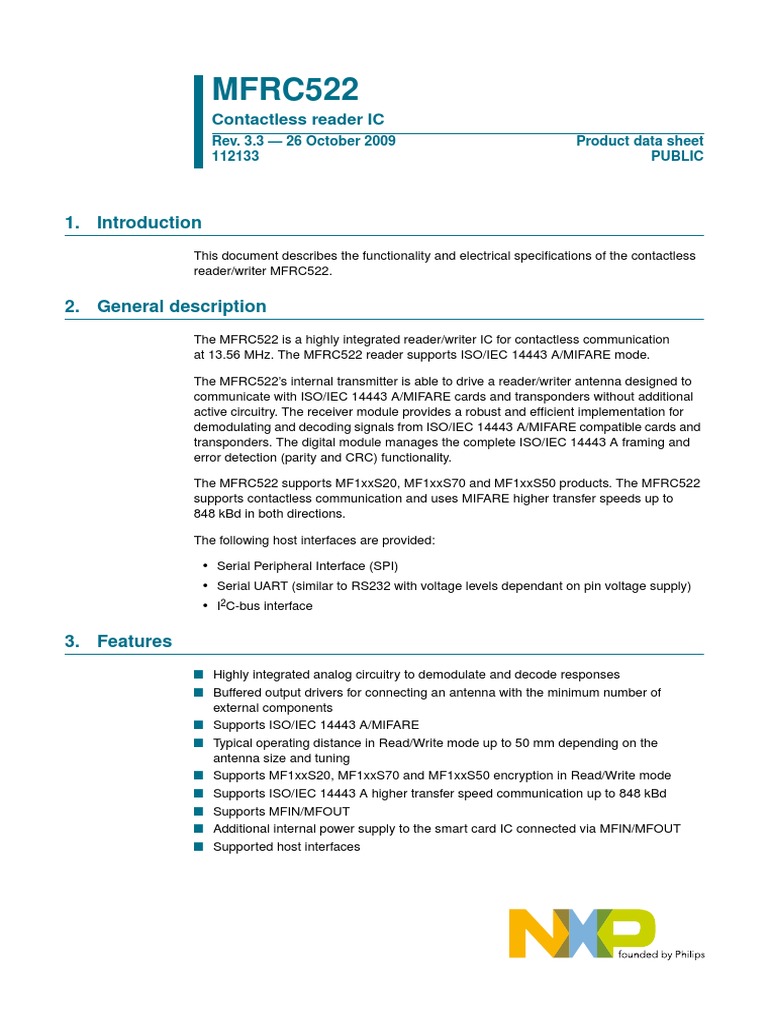 Datasheet MFRC522 PDF | PDF | Power Supply | Transmitter