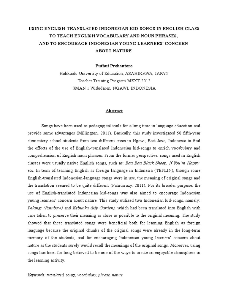 Using English Translated Indonesian Kid Songs In English Class To Teach