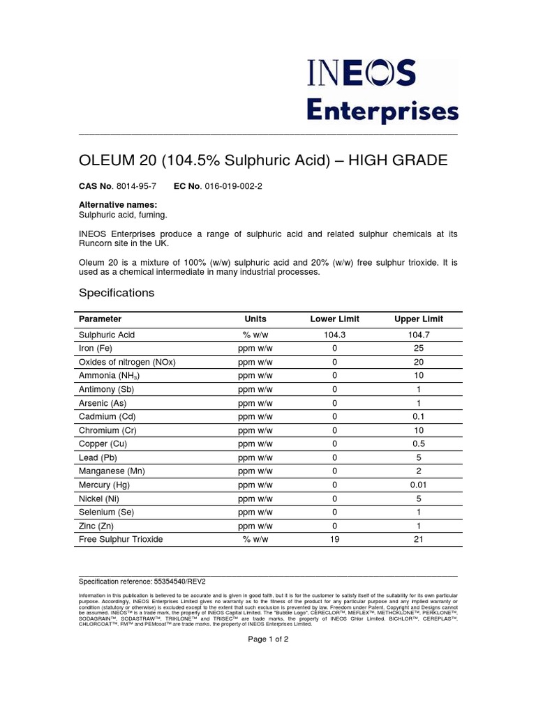 Oleum Sulphuric Acid High Grade PDF | PDF | Sulfuric Acid | Cadmium