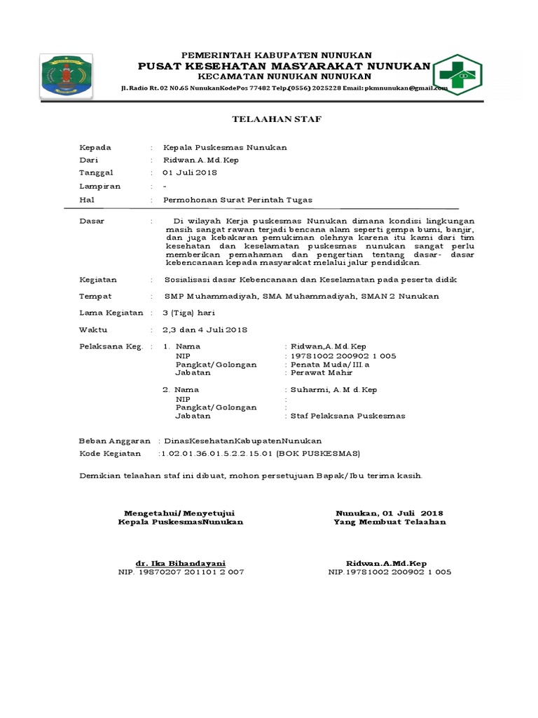Contoh Telaahan Staf Puskesmas | PDF