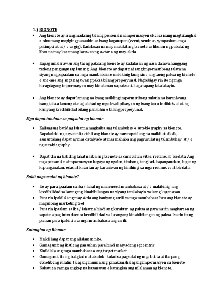 1.) Bionote: Mga dapat tandaan sa pagsulat ng bionote