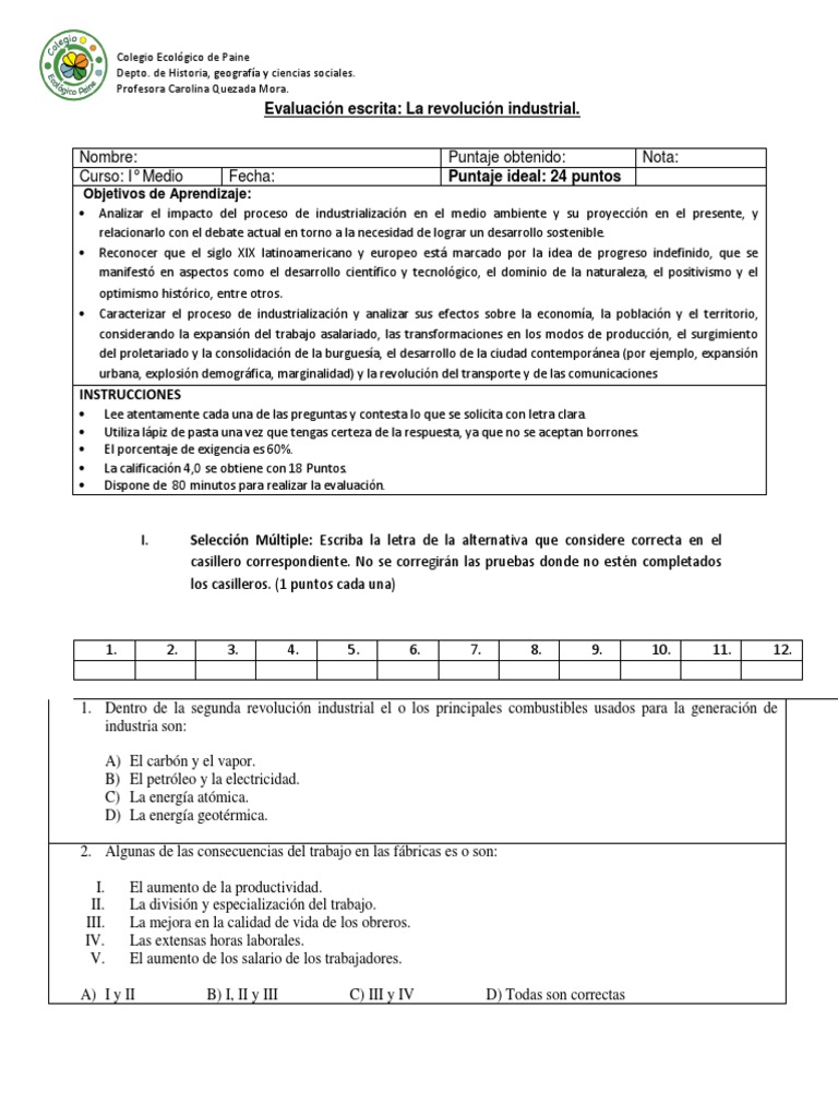 Prueba Revolucion Industrial | PDF | Industrias | Revolución industrial