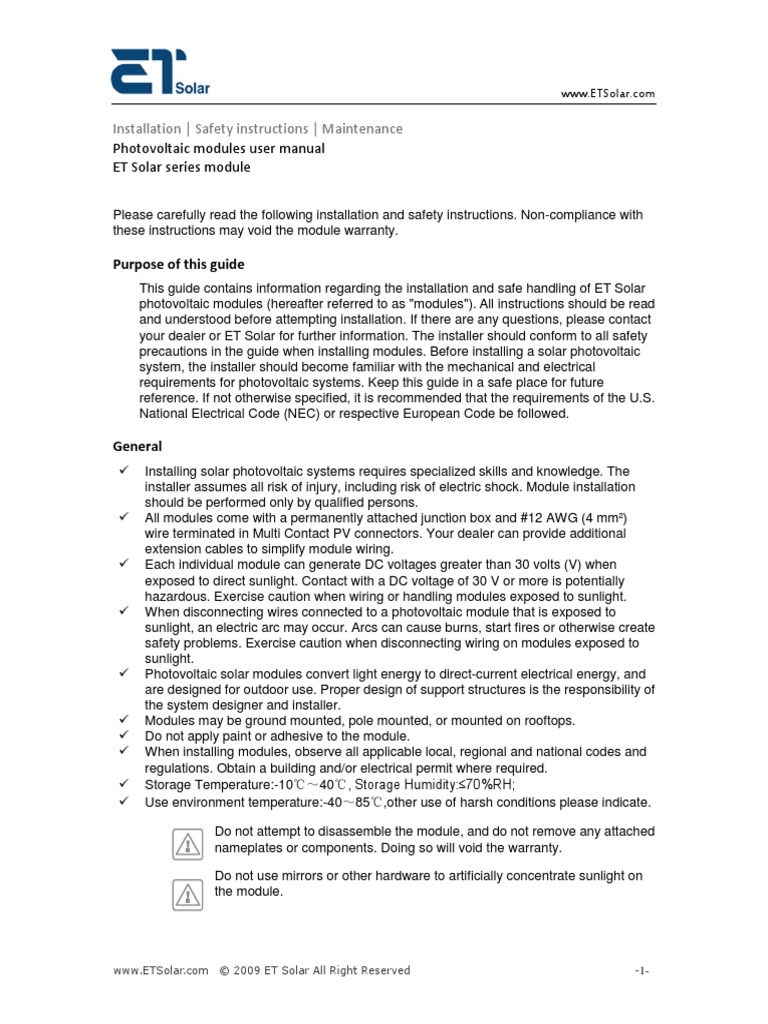 Photovoltaic Modules User Manual ET Solar Series Module: Installation ...