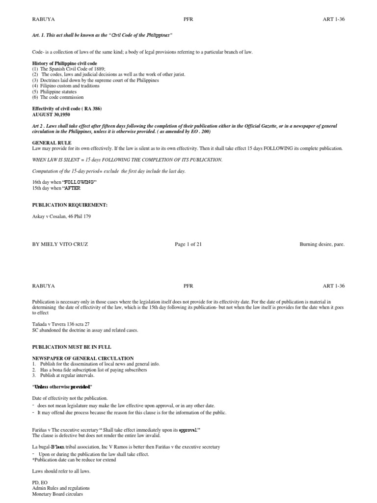 Rabuya PFR ART 1-36: History of Philippine Civil Code | Download Free ...