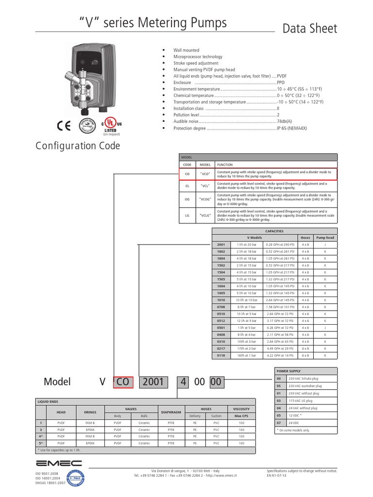Emec V Series Pumps | PDF | Pump | Chemical Engineering