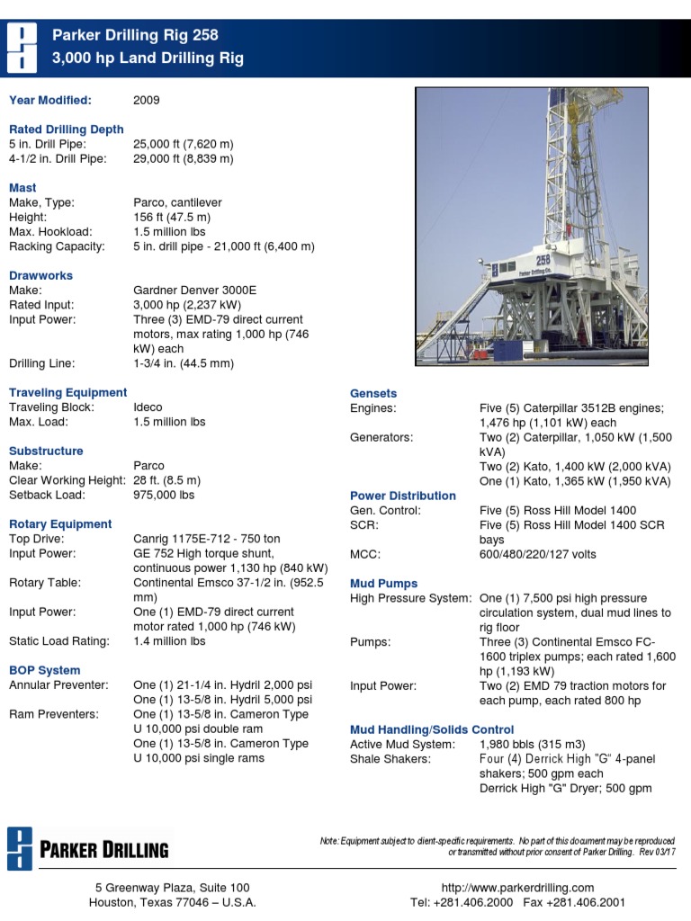 Parker Drilling Rig 258 | PDF | Horsepower | Drilling Rig