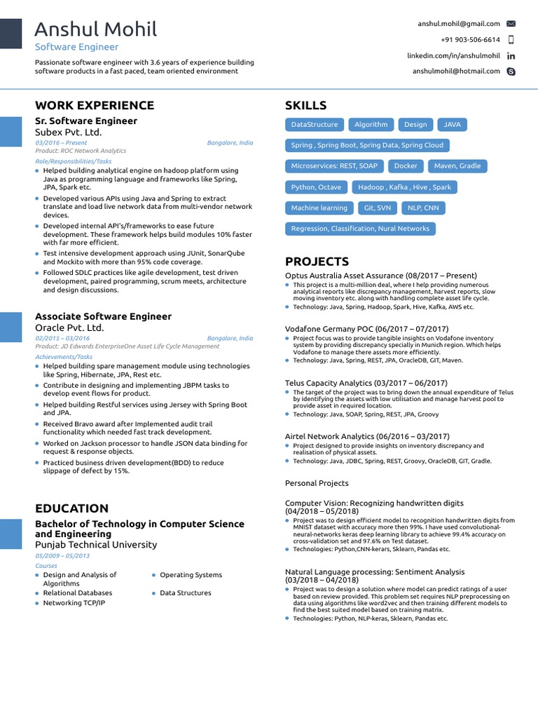 Mohil Anshul Resume | Download Free PDF | Apache Hadoop | Software Framework