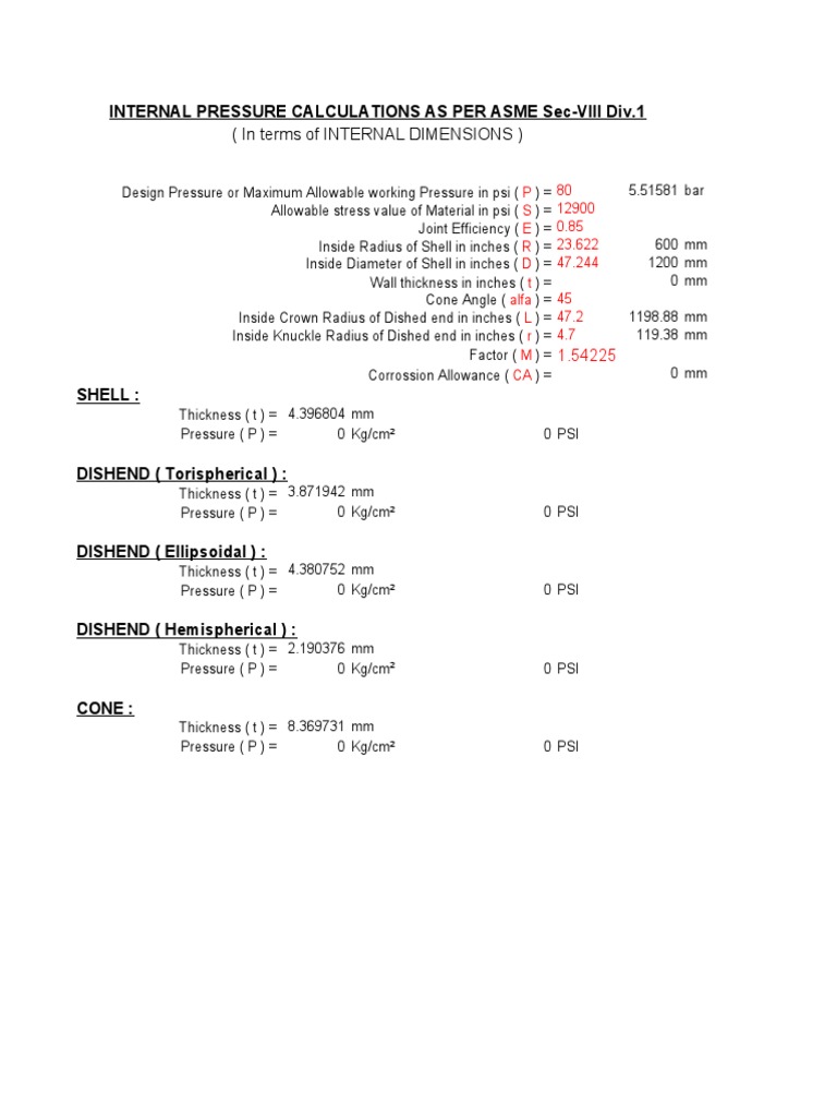 THK Pressure Calculations For Internal Dimensions | PDF | Pressure | Sphere