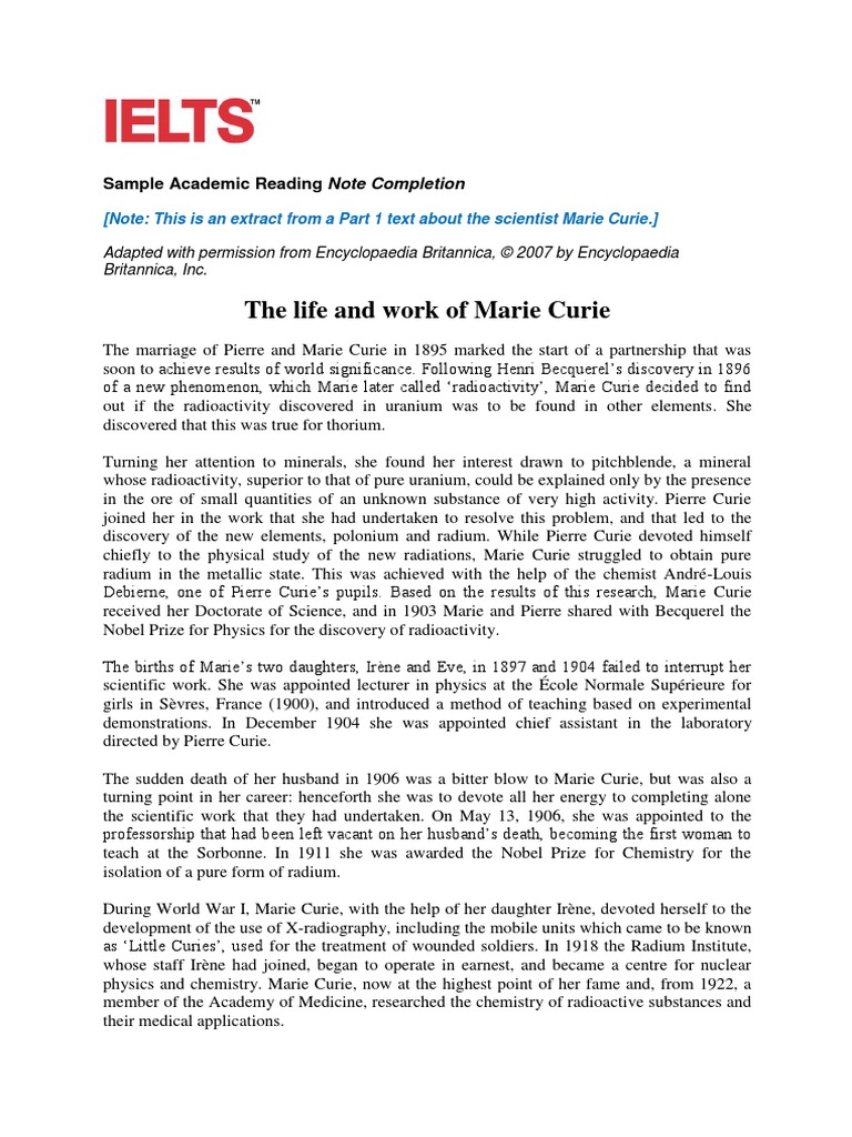 Pb Sample Academic Reading Note Completion Task And Key Pdf Marie 0360