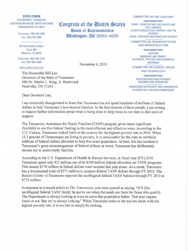 Final TANF Letter to Gov. Lee 2.0