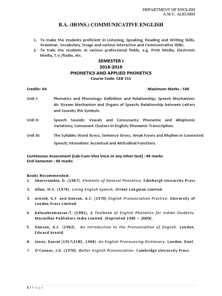 B.A. (Hons.) Communicative English: Course Code: CEB 151 Credits: 04 ...