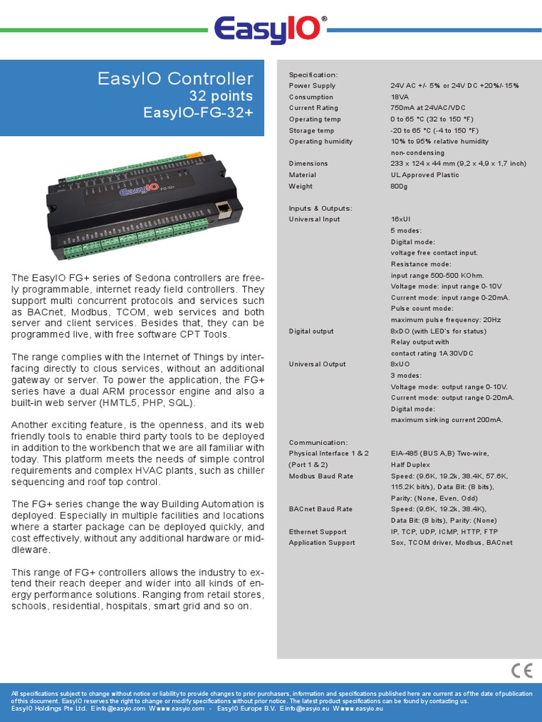 EasyIO FG+ Series Controller Guide | PDF | Power Supply | Data Transmission