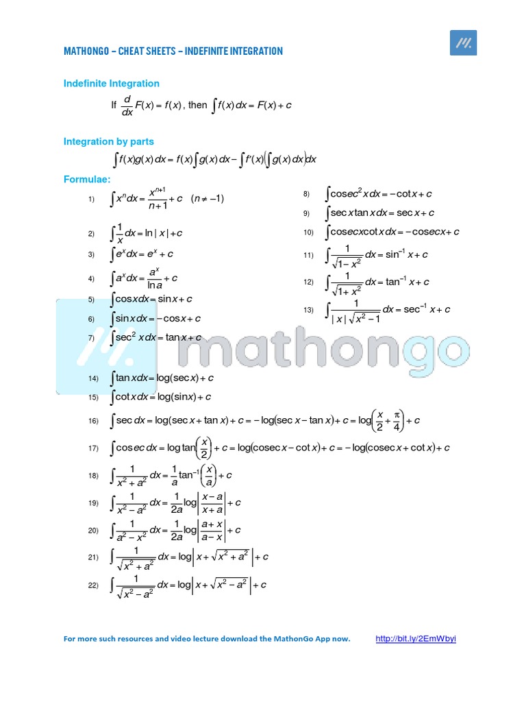 Fs Xii Indefinite Integrals | PDF | Area | Calculus
