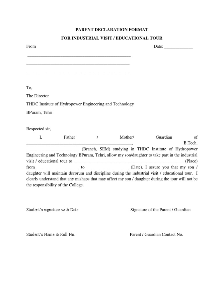 Parent Declaration Format For Industrial Visit / Educational Tour | PDF ...