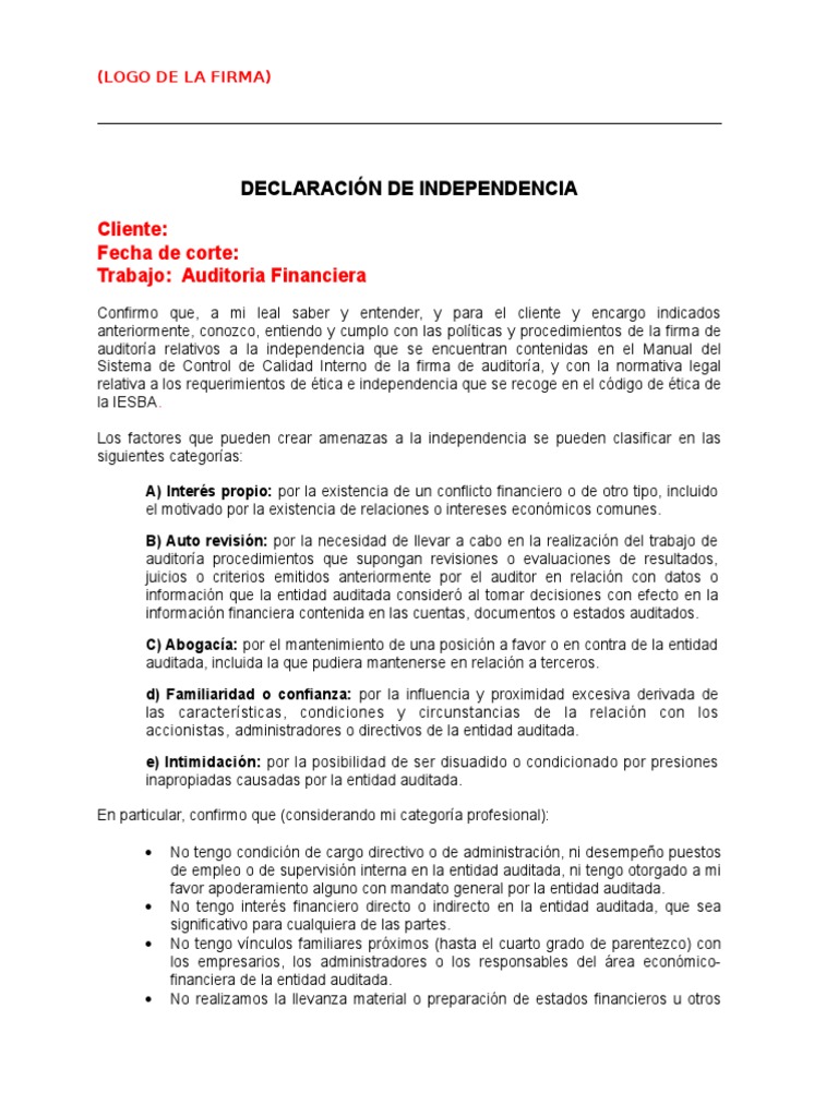 3 Modelo de Declaracion de Independencia | PDF | Auditoría | Contralor