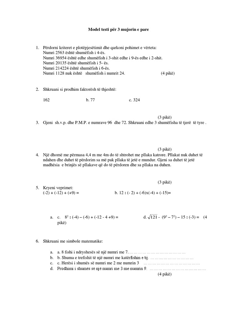MATEMATIKA 7 Modele Testesh Sipas 3 Mujorëve | PDF