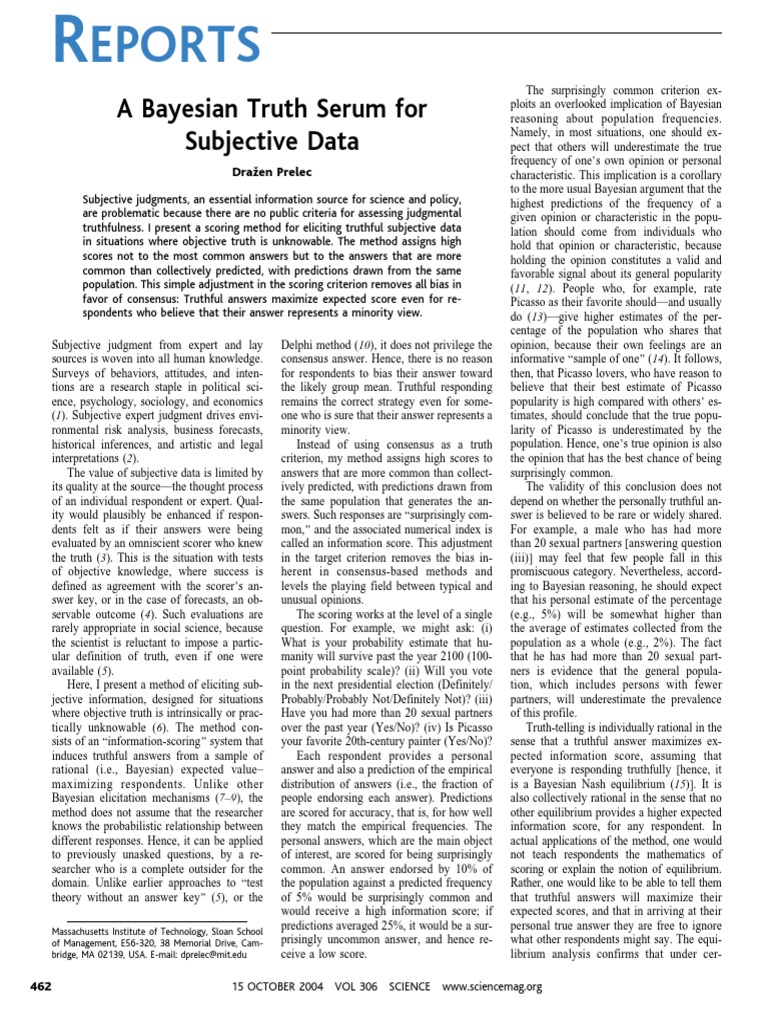Eports: A Bayesian Truth Serum For Subjective Data | PDF | Prediction ...