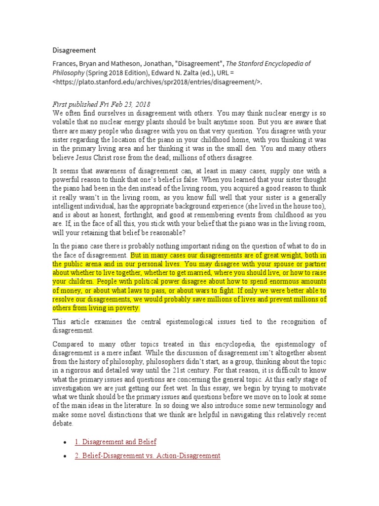 Disagreement: First Published Fri Feb 23, 2018 | PDF | Epistemology ...