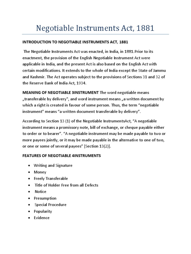 Negotiable Instruments Act | PDF | Negotiable Instrument | Promissory Note