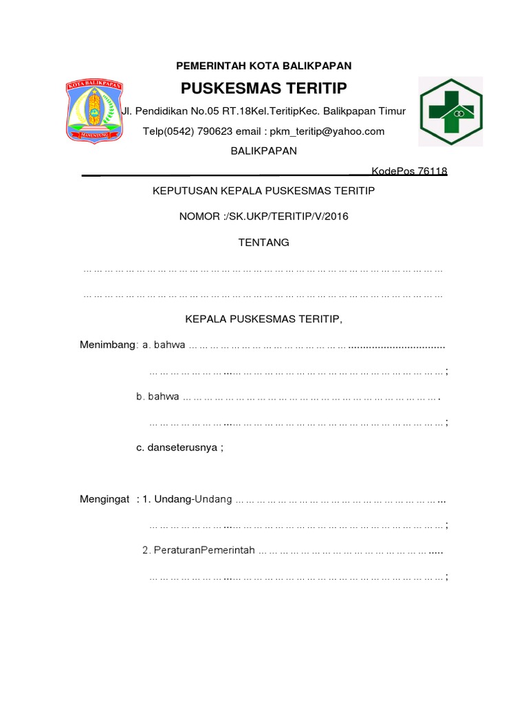 Puskesmas Teritip: Pemerintah Kota Balikpapan | PDF