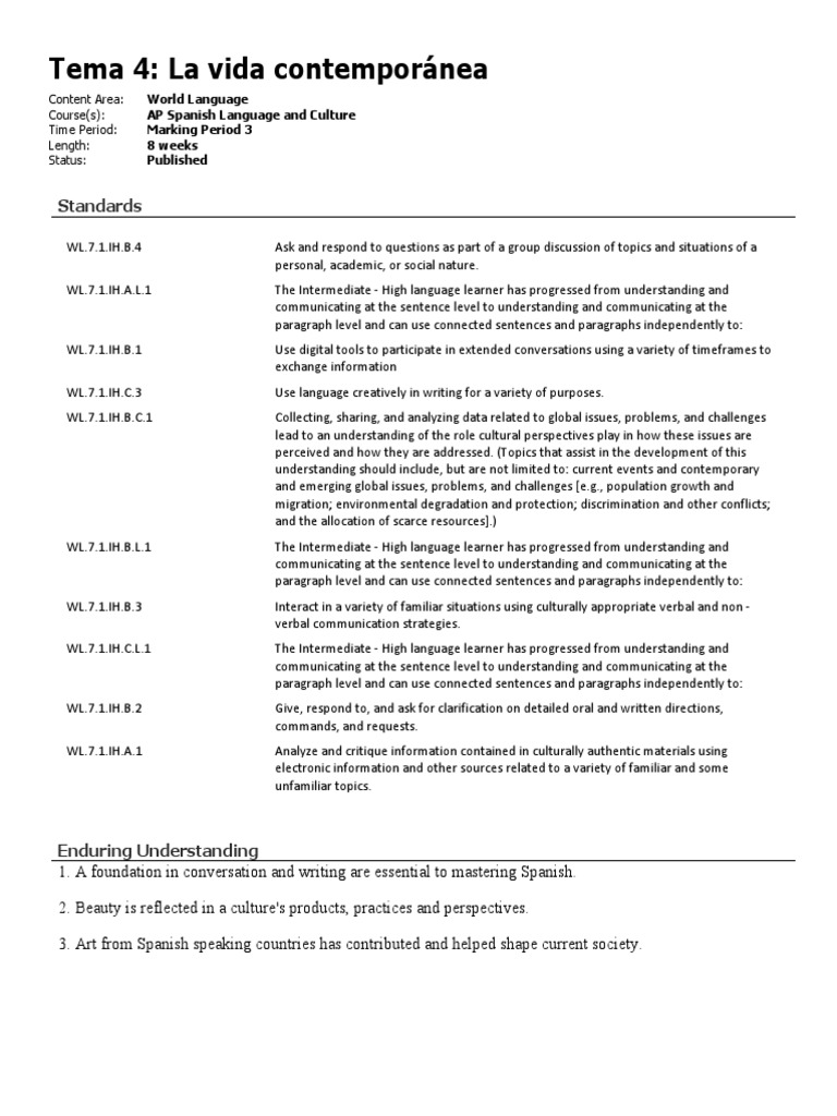 AP Spanish: Contemporary Life | PDF | Communication | Psychological ...