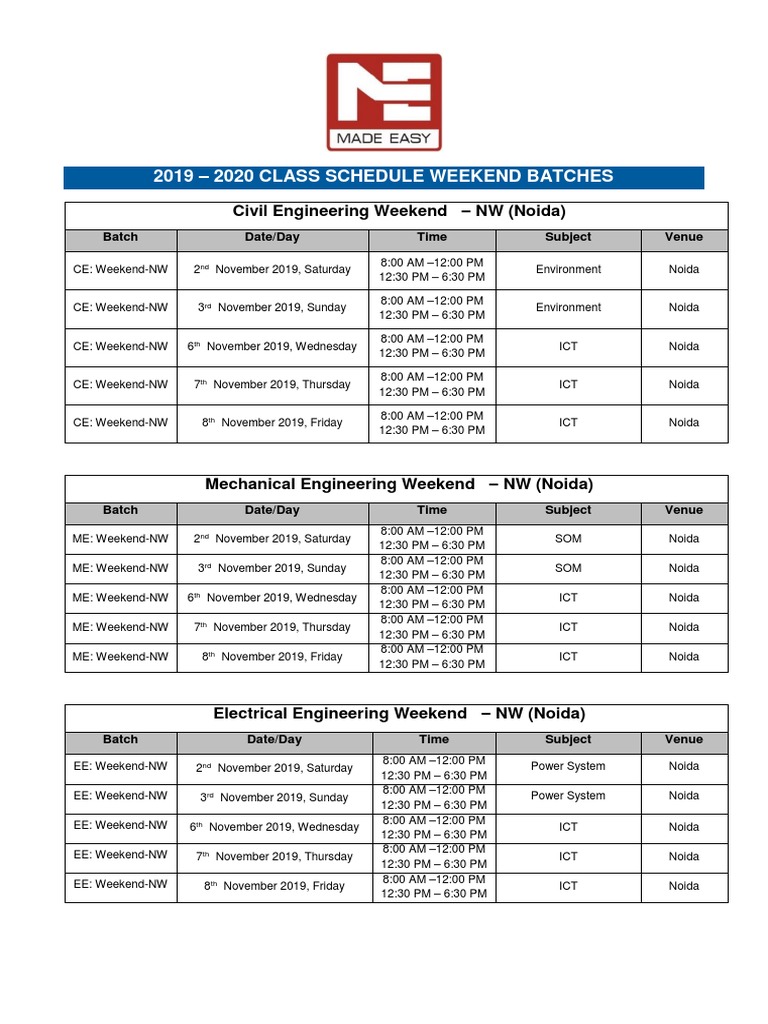 2019-2020 Class Schedules for Weekend Batches in Civil, Mechanical ...