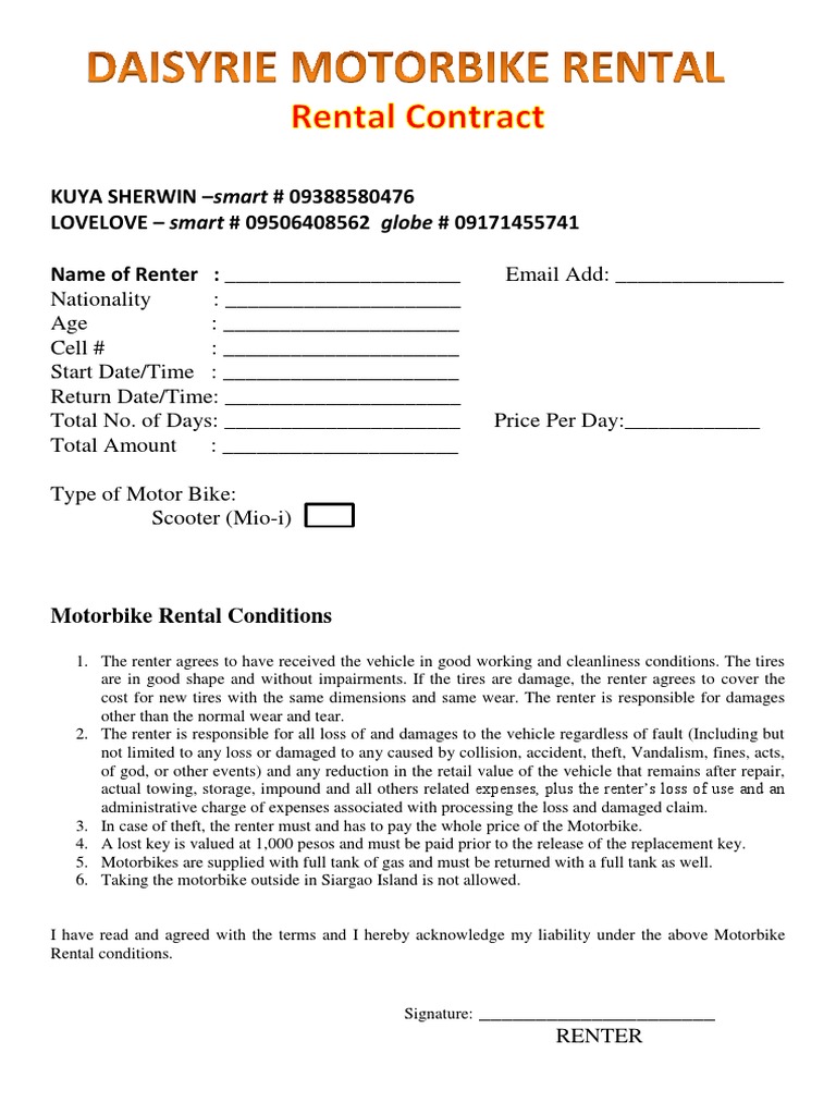 Motorbike Rental Agreement Template | PDF