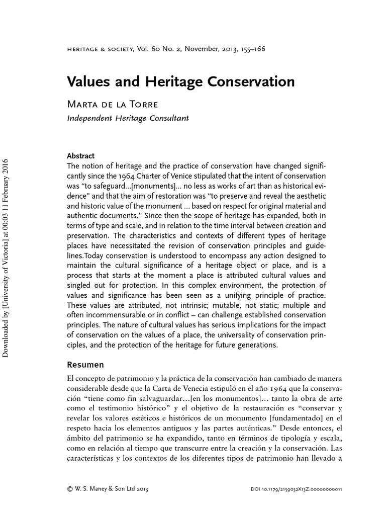 2013 Values and Heritage Conservation | PDF | Cultural Heritage | Value ...