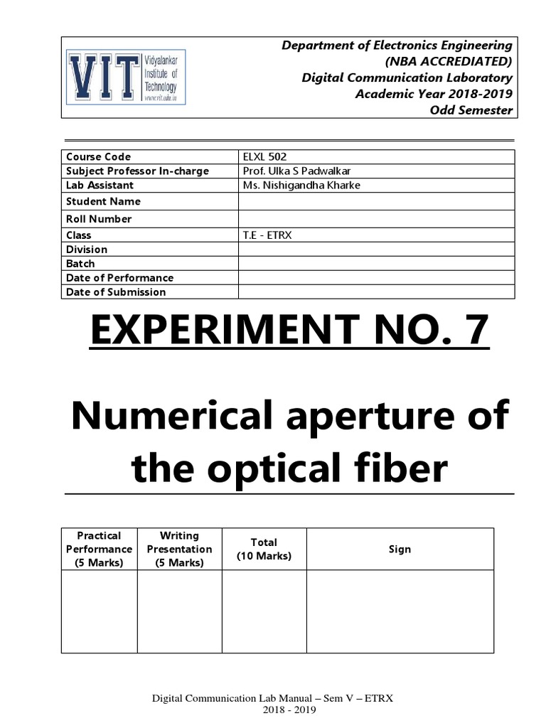 Experiment No. 7: Numerical Aperture of The Optical Fiber | PDF ...