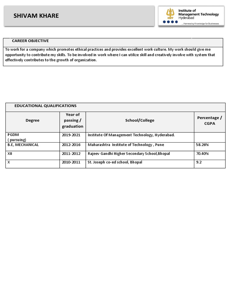 Shivam Imt Resume PDF | PDF