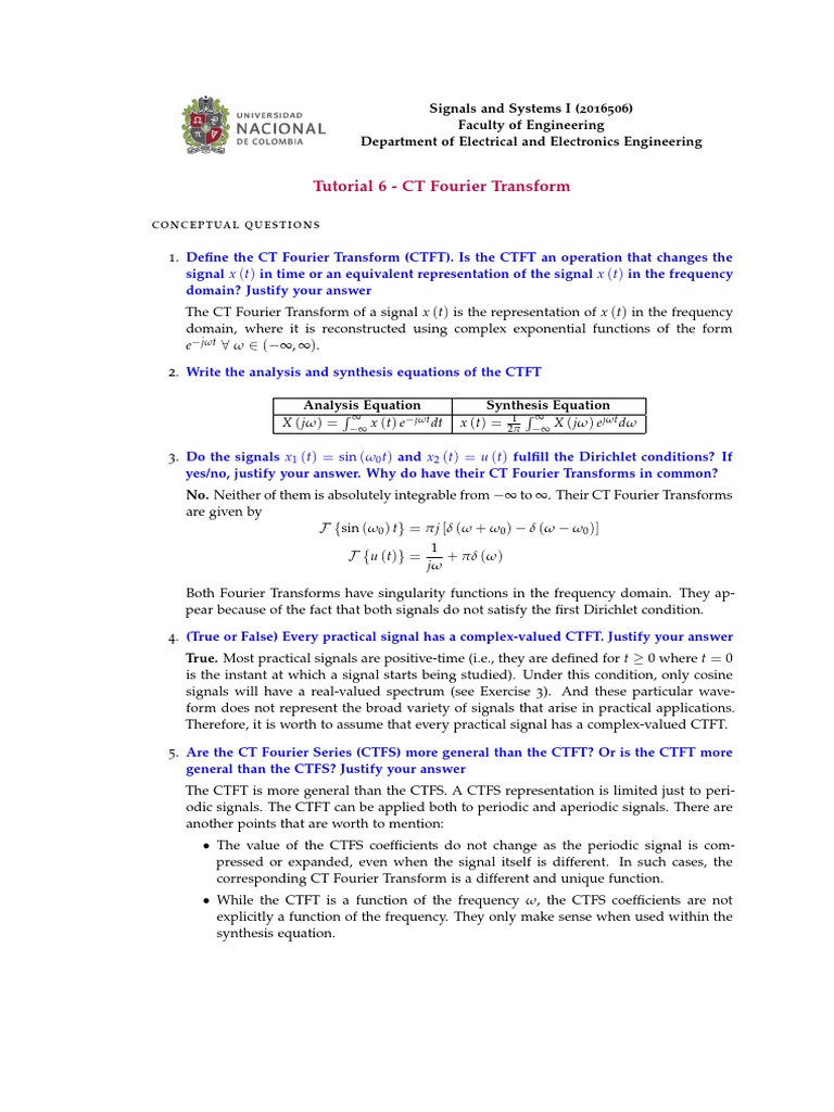 Tutorial 6 - CT Fourier Transform (Solutions) PDF | PDF | Fourier ... Tutorial 6 - CT Fourier Transform (Solutions) PDF | PDF | Fourier ...