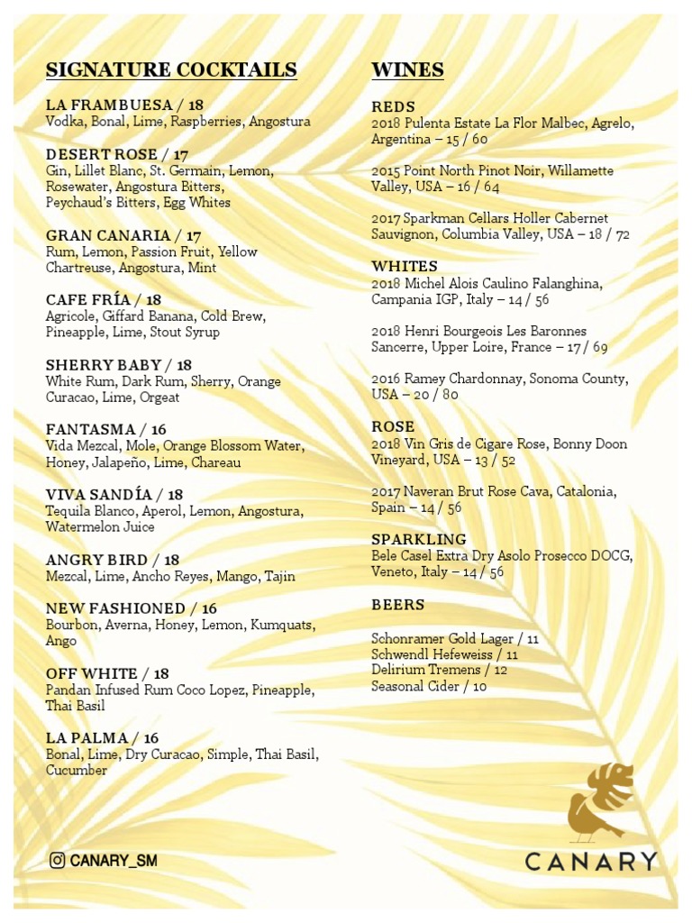 Canary Club Menu Santa Monica | PDF | Cooking, Food & Wine