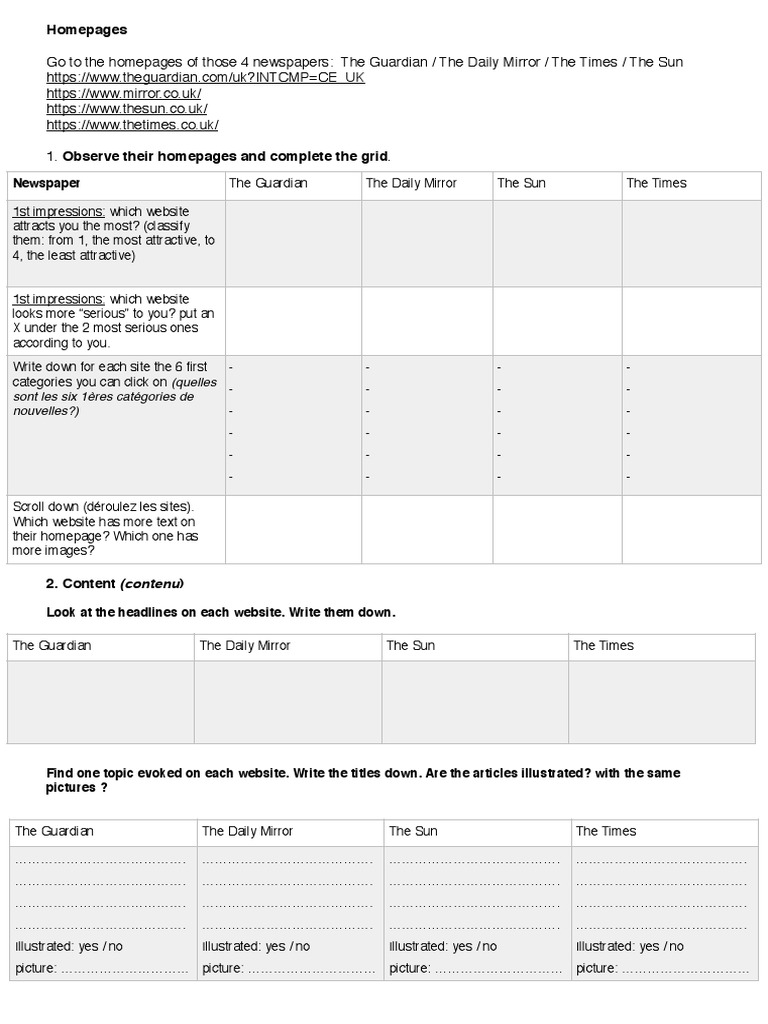Newspaper Homepage Analysis Guide | PDF | The Guardian | Newspapers