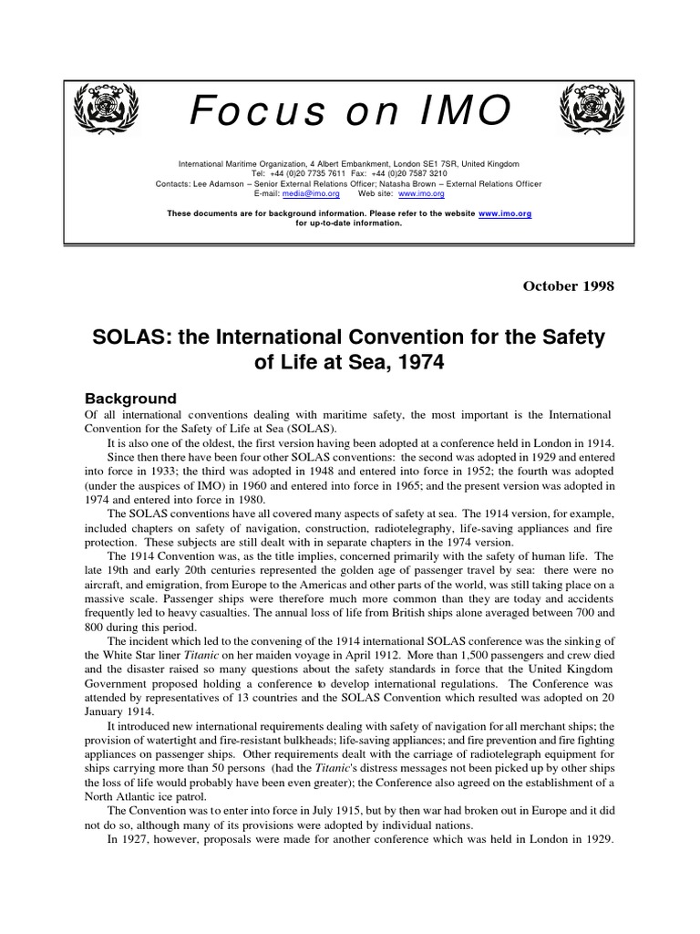 Focus On IMO: SOLAS: The International Convention For The Safety of ...