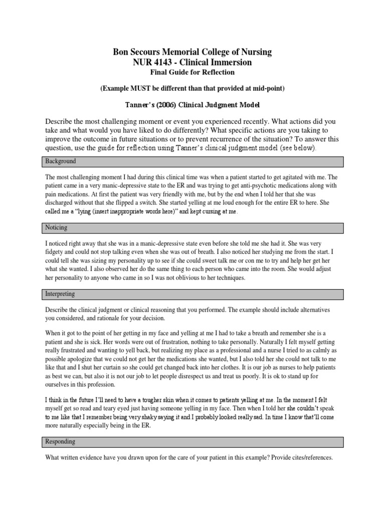 Clinical Reflection Using Tanner's Model | PDF | Caregiver | Nursing