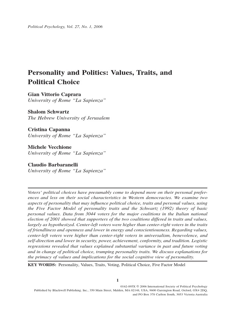 Personality and Politics: Values, Traits, and Political Choice | PDF ...