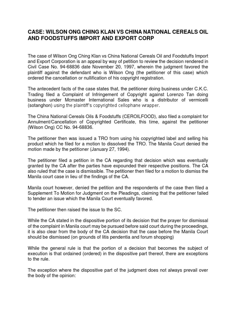 Wilson Ong Ching Klan Chung Vs China National Cereals Oil | PDF ...