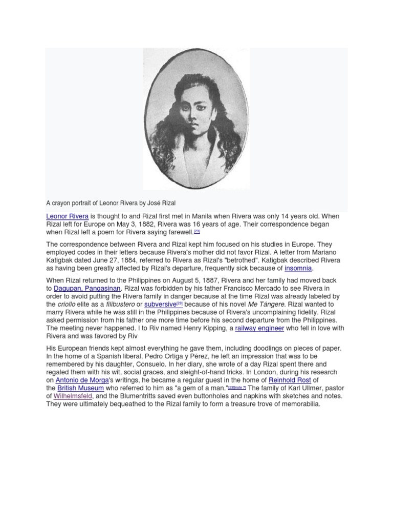 Leonor Rivera: A Crayon Portrait of Leonor Rivera by José Rizal | PDF