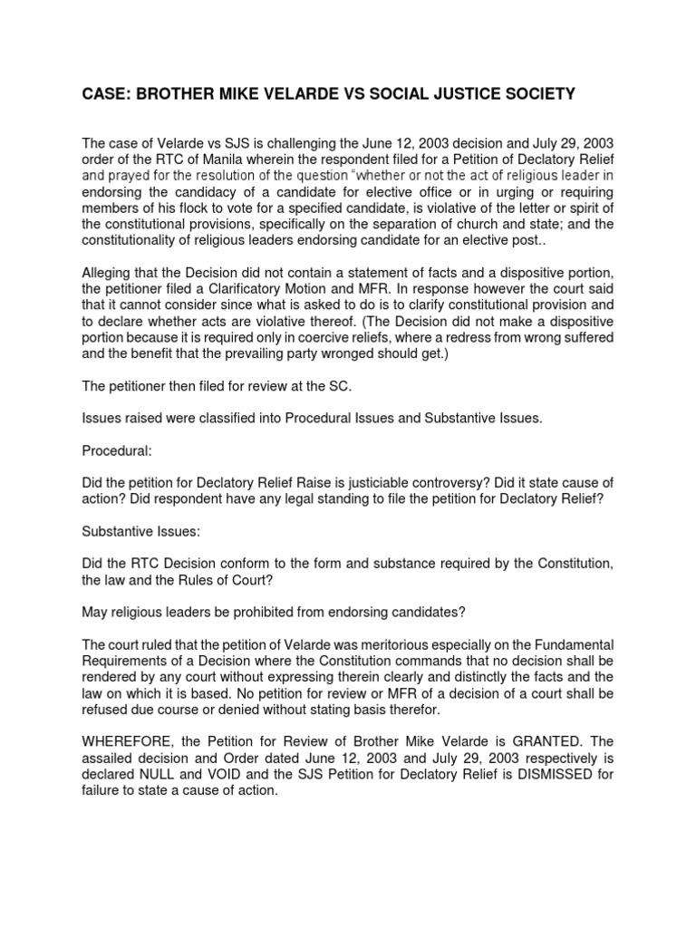 Case: Brother Mike Velarde Vs Social Justice Society | PDF | Judgment ...