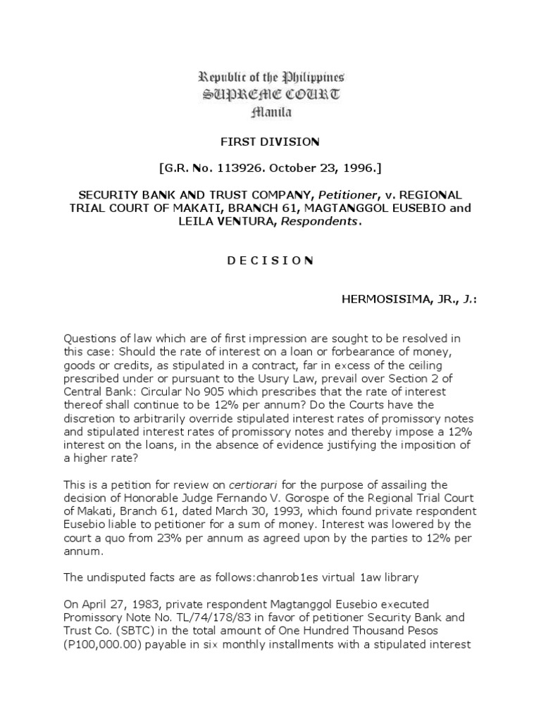 8 Security Bank and Trust Co. vs. RTC of Manila | PDF | Interest ...