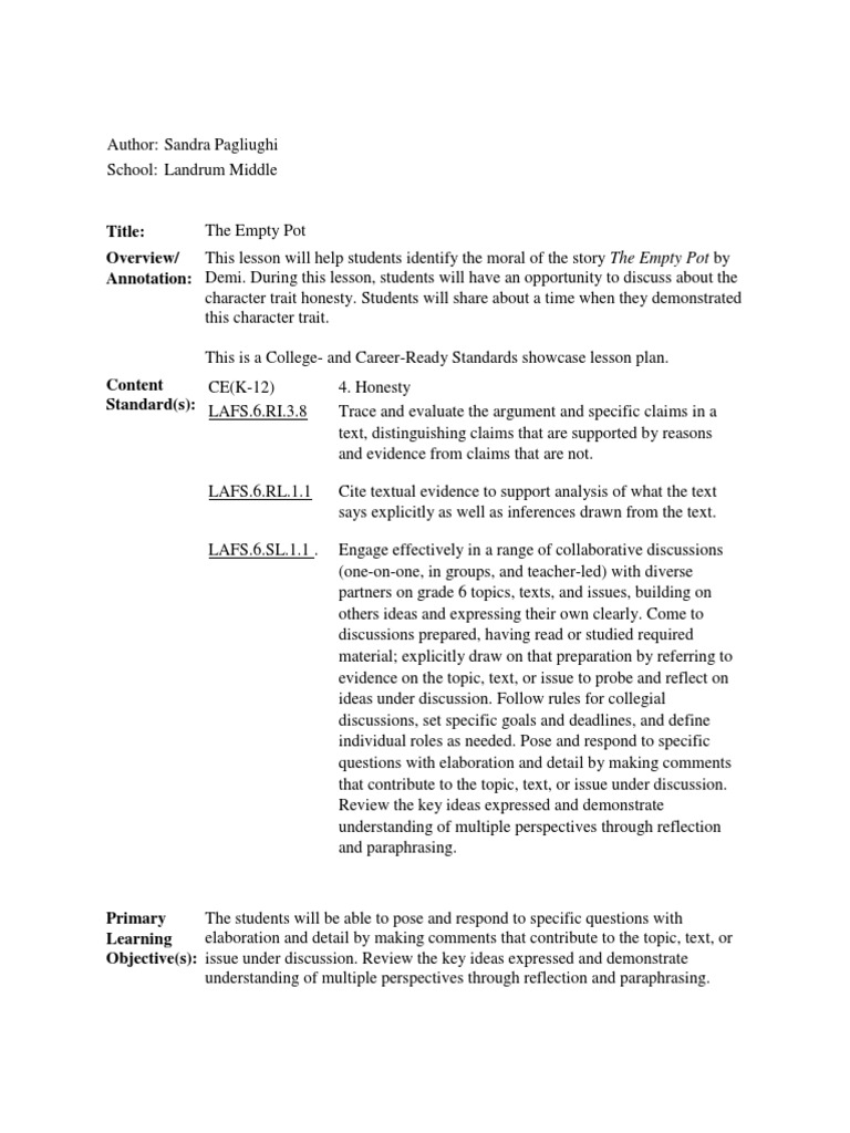 Lesson Plan on Honesty and "The Empty Pot" | PDF | Critical Thinking ...