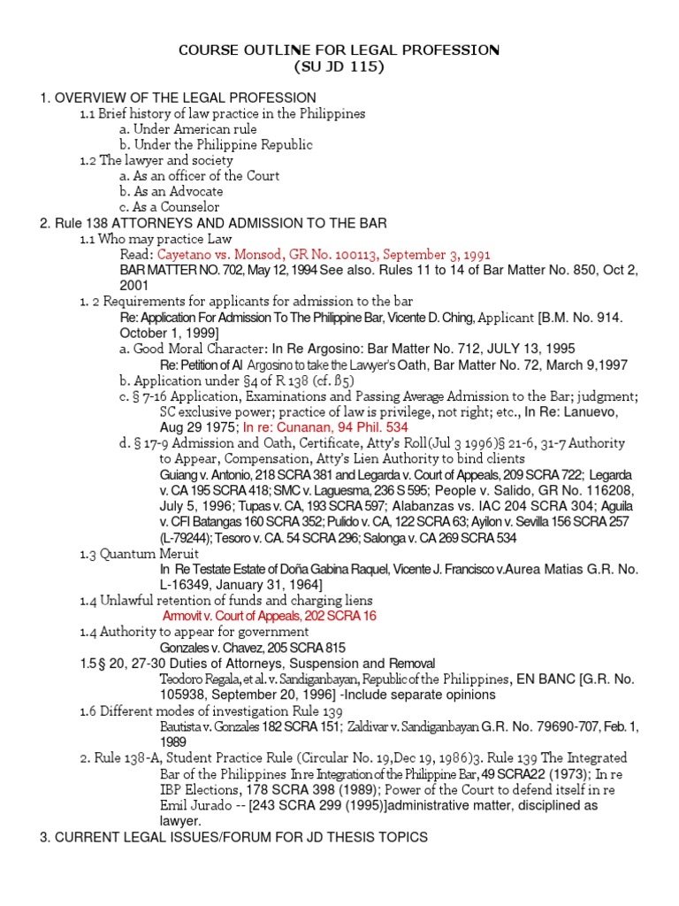 Course Outline For Legal Profession | PDF | Lawyer | Practice Of Law