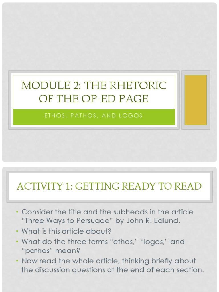 Rhetoric in Op-Ed: Ethos, Pathos, Logos | PDF | Persuasion | Rhetoric