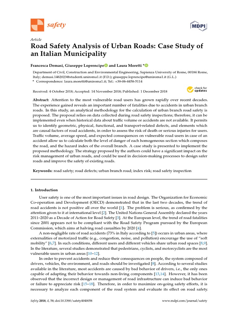 Safety: Road Safety Analysis of Urban Roads: Case Study of An Italian ...